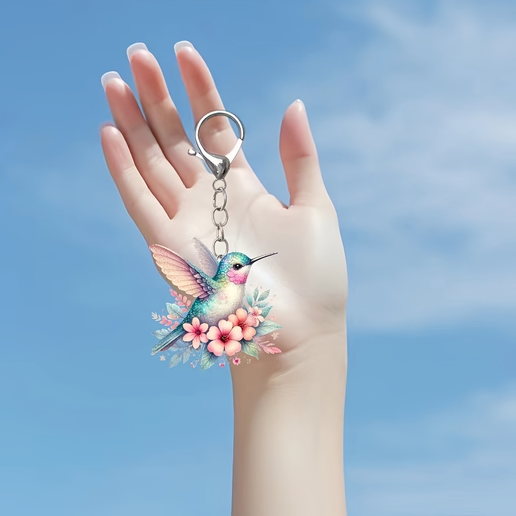 2d Acrylic Hummingbird Keychain With Flowers Simple And Elegant Design ...