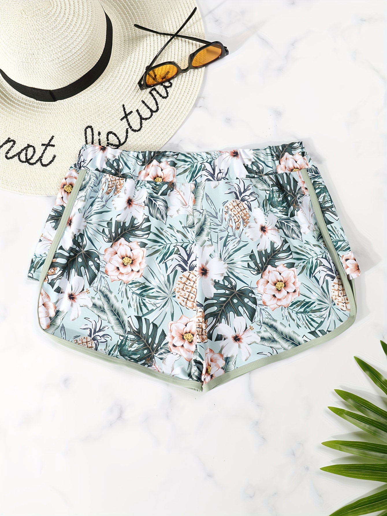 Tropical Print Drawstring Beach Swim Shorts High Stretch - Temu
