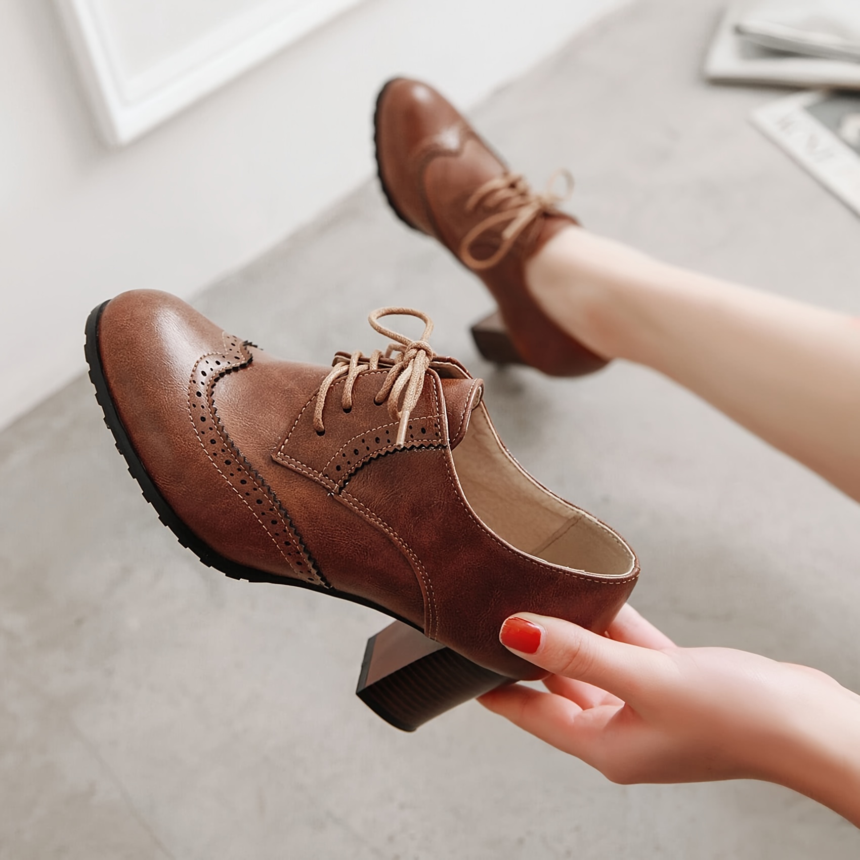 women s chunky high heels round toe lace wingtip oxfords Temu