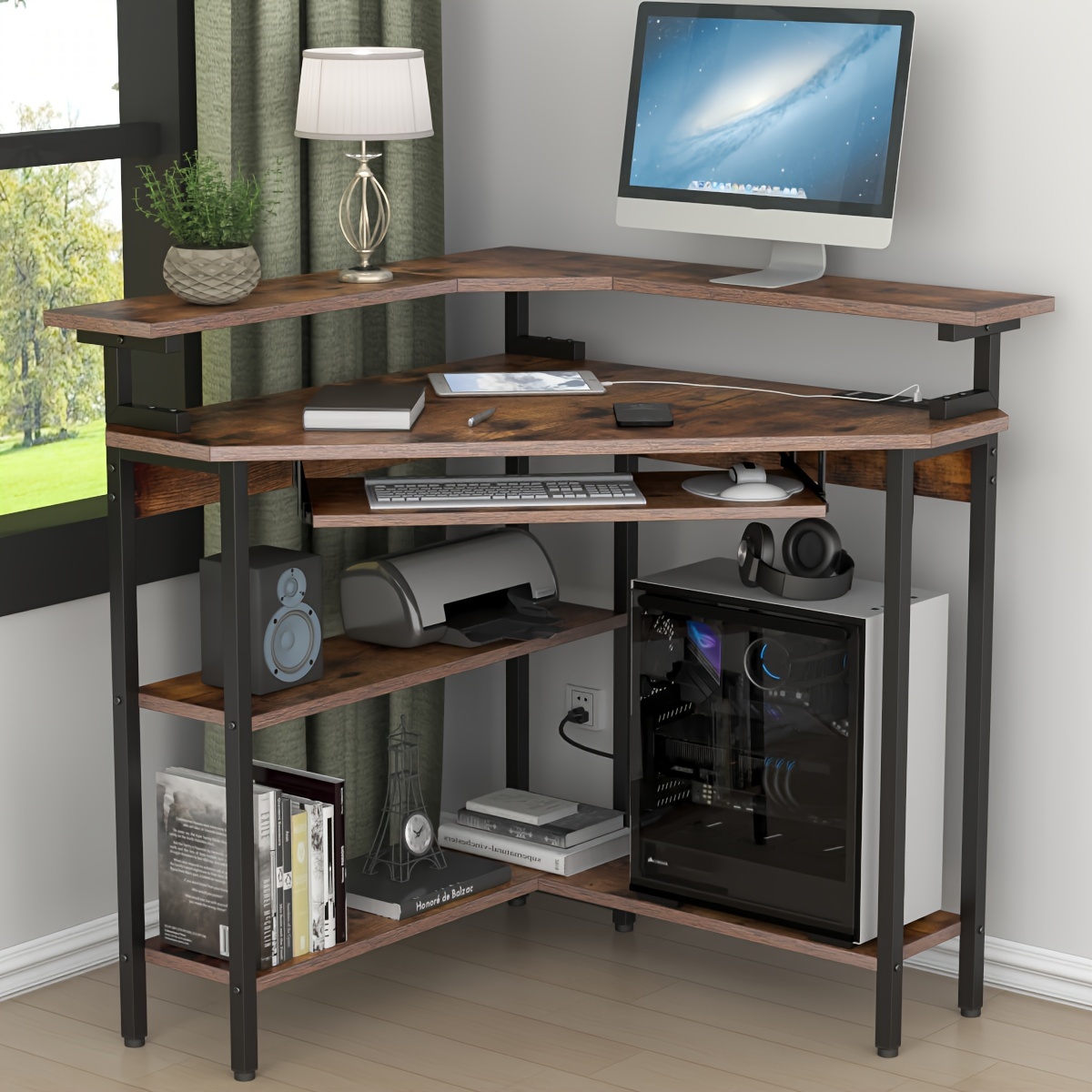 Corner uter Desk with Monitor Stand Keyboard Tray with Storage Shelves 90 Degree for Small Space