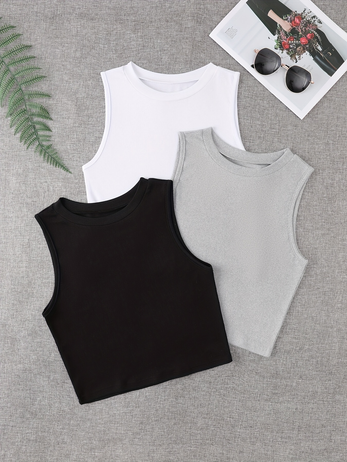 Solid Color Crop Tank Top Casual Crew Neck Sleeveless Summer - Temu New ...