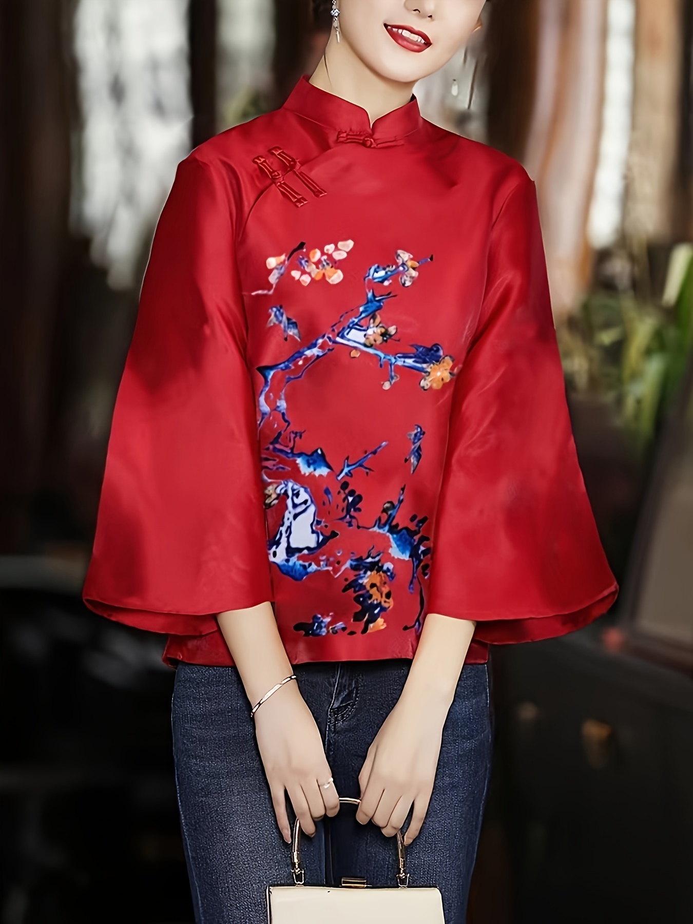 floral pattern slant button tang suit elegant flare sleeve - Temu Australia