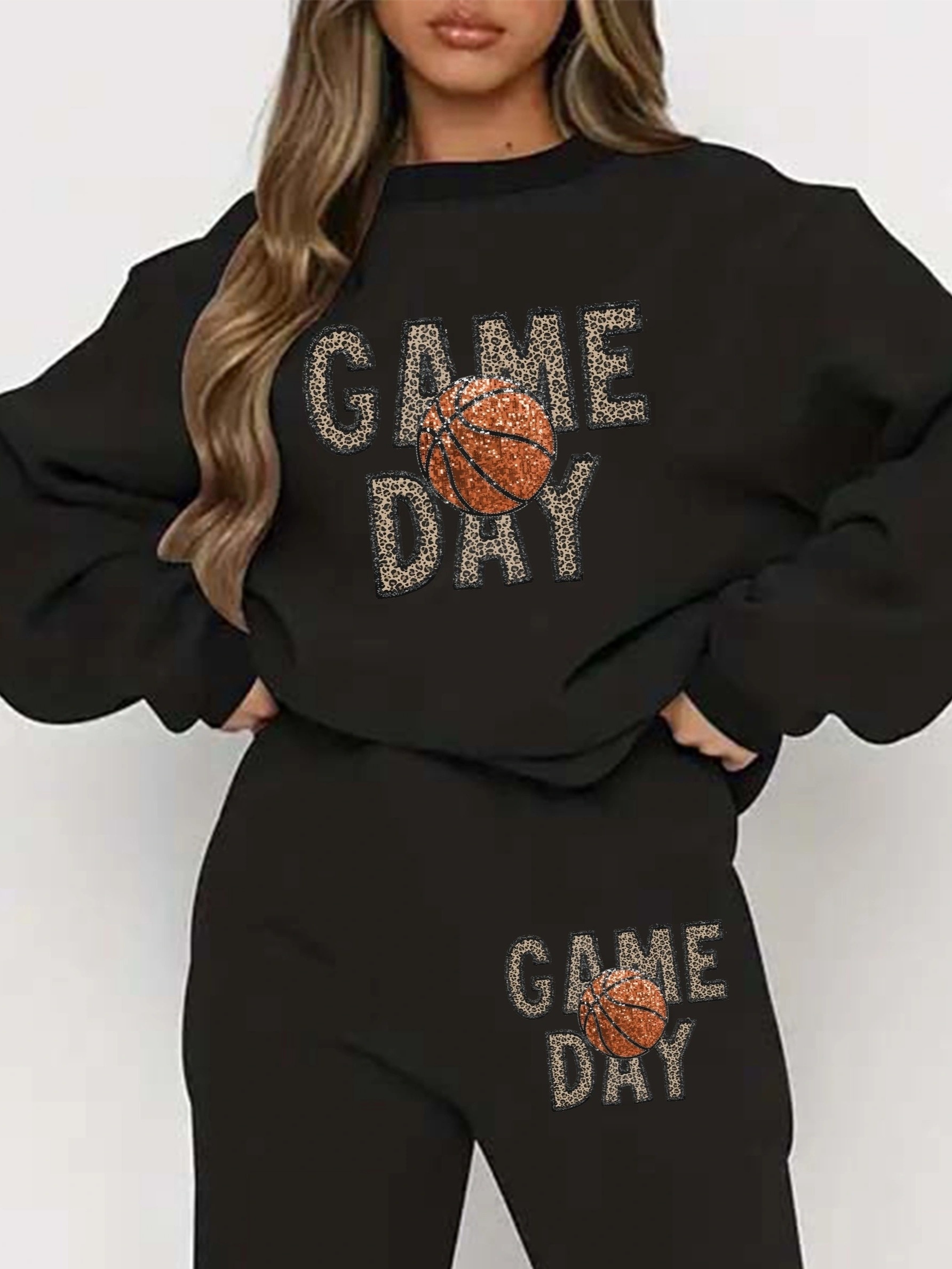 Casual Basketball Print Two piece Pants Set Long Sleeve Crew - Temu ...