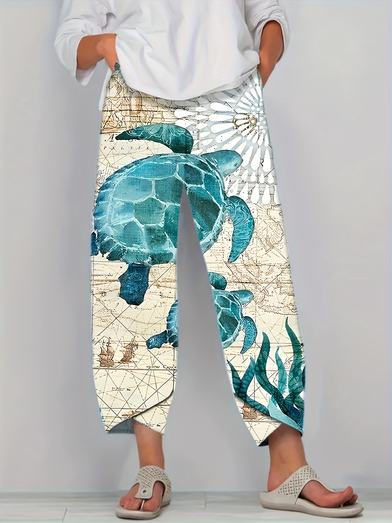 Turtle Print Irregular Hem Pants Casual Elastic Waist Loose - Temu Canada