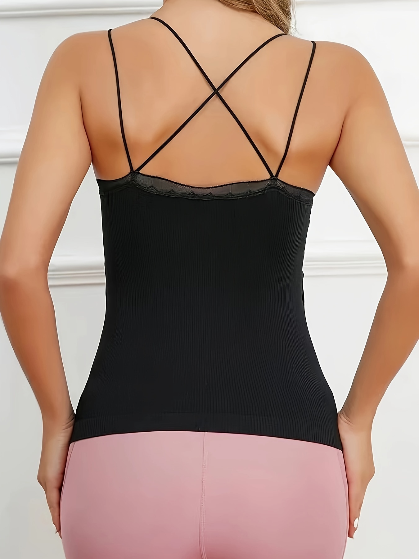 Women s Lace Trim Seamless Camisole with Built in Bra 2 in 1 Spaghetti Strap Top Black Breathable Fabric Versatile Innerwear or Outerwear