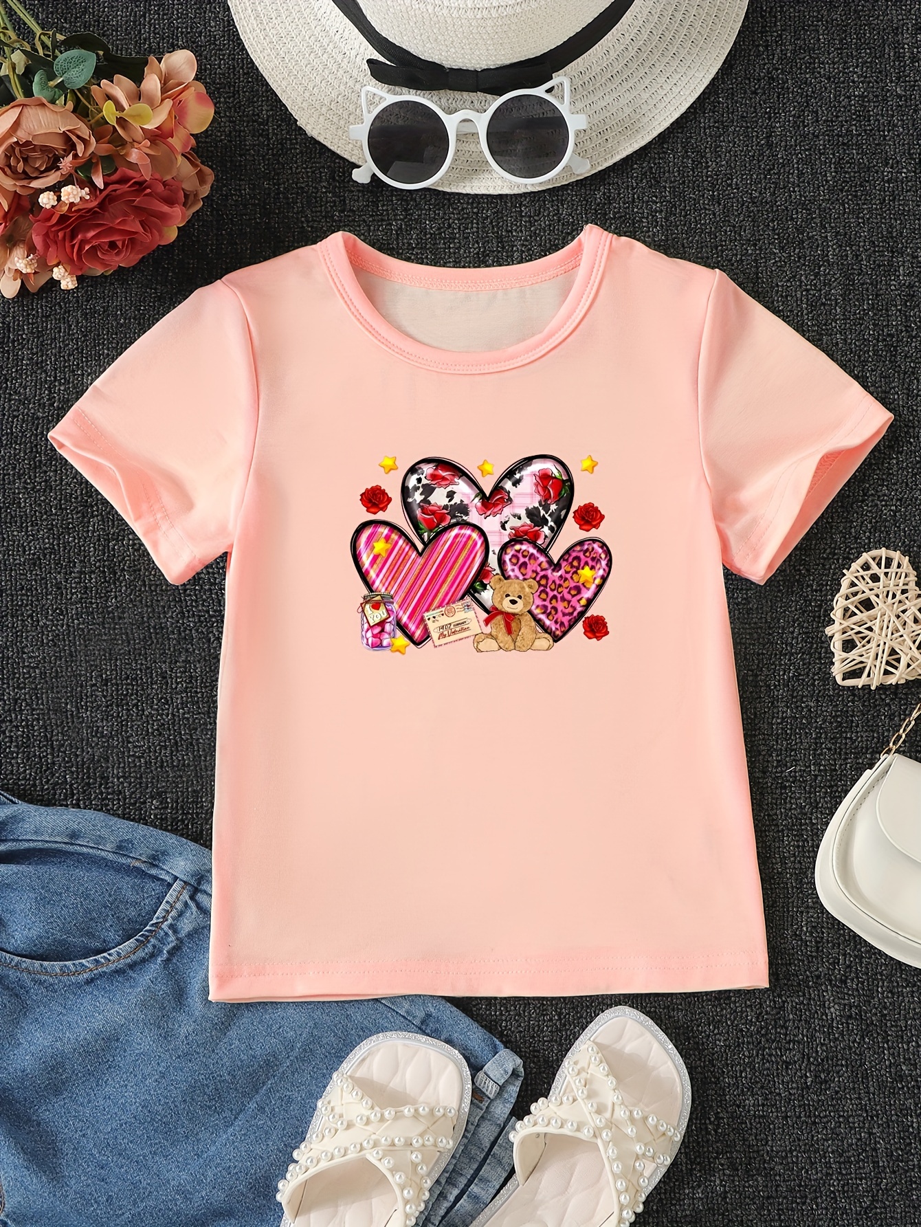 Hearts Bear Doll Graphic Print Girls' Crew Neck Tees Short - Temu Ireland
