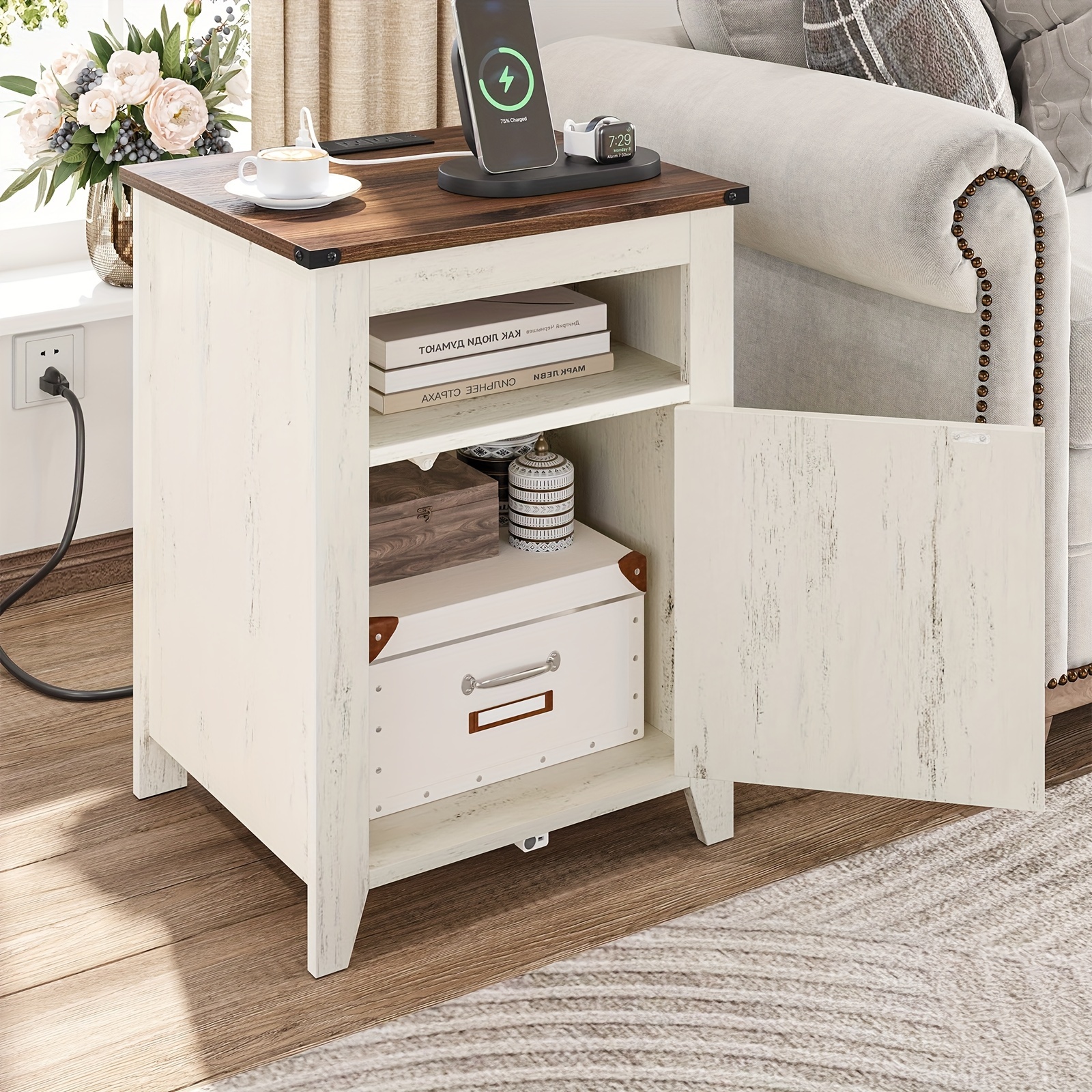 Farmhouse Nightstand Barn Door Bedside Table Charging - Temu