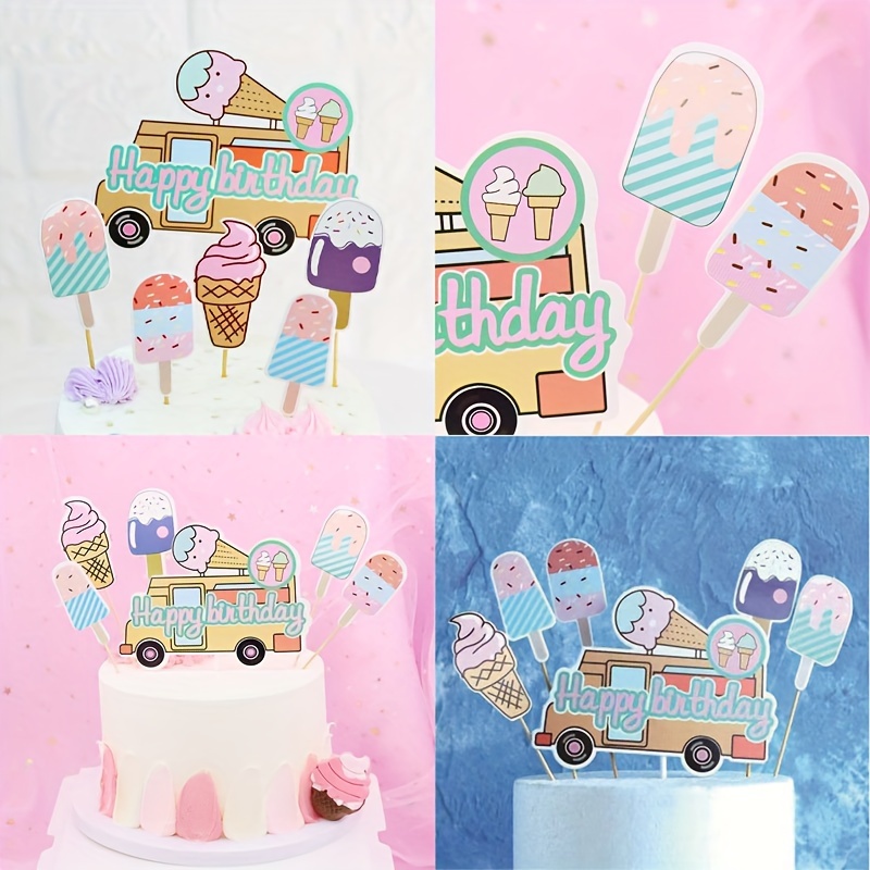 6 Piece Summer Ice Cream Car Themed Birthday Cake Toppers Perfect For ...