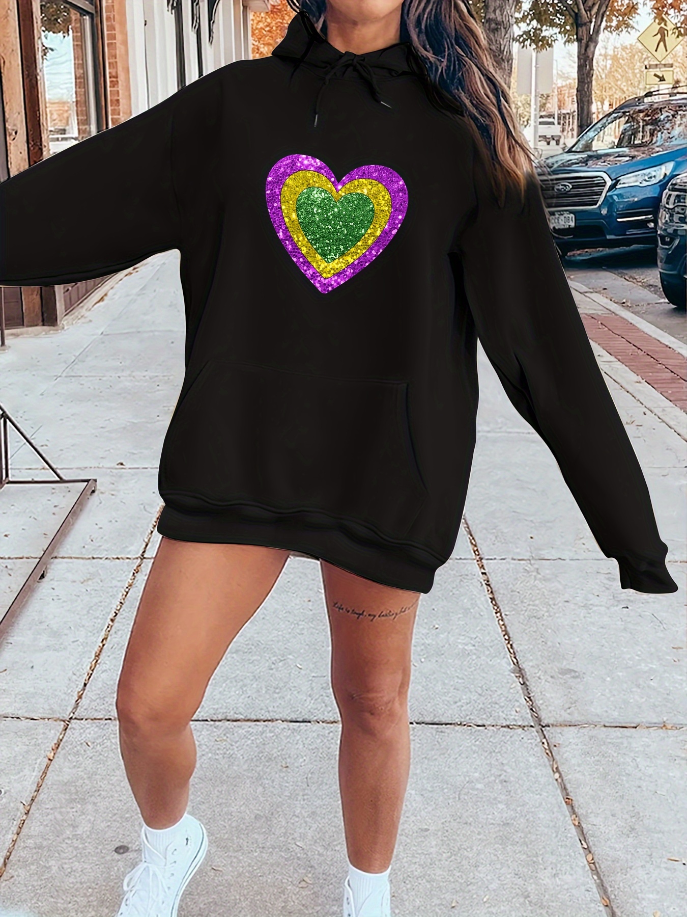 Heart Print Kangaroo Pocket Hoodie Drawstring Casual Hooded - Temu Canada