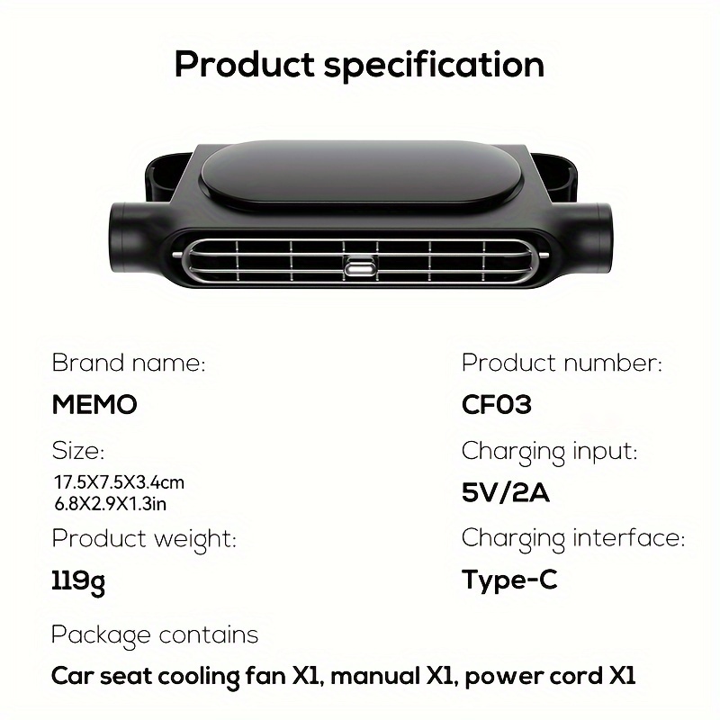 Memo 2024 Cf03 Fan Usb Plug in Car Rear Pillow Bladeless - Temu