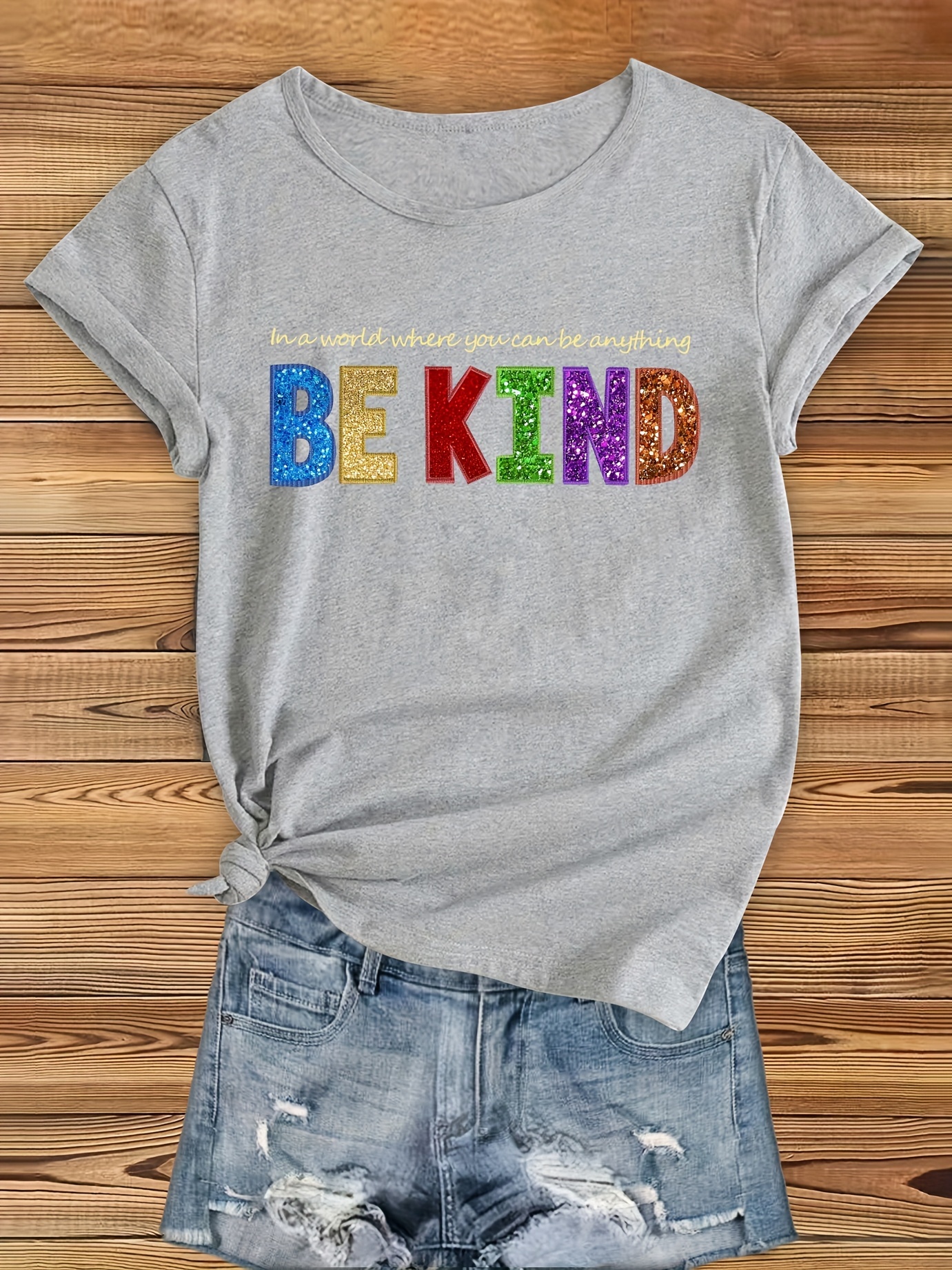 Colorful Sequined Letters Kind Print T shirt Short Sleeve - Temu Canada