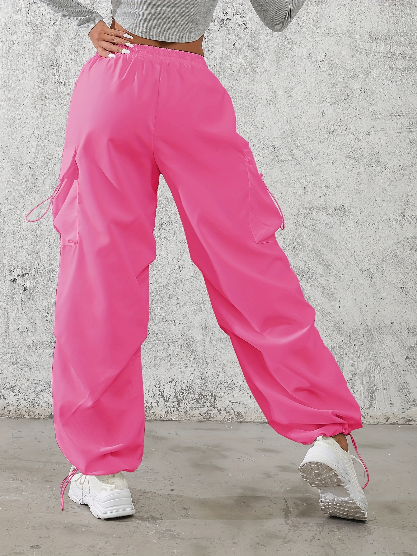 Women S Fashionable Solid Color Polyester Cargo Pants 100 Polyester Drawstring Waist Woven 120g m Adult Casual Elegant Trousers