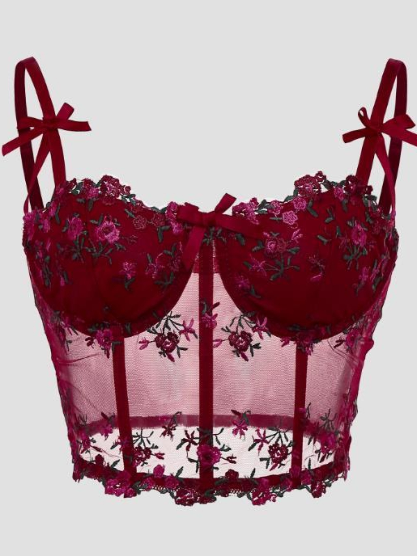 Elegant Floral Embroidered Bustier Sheer Detail Underwire - Temu