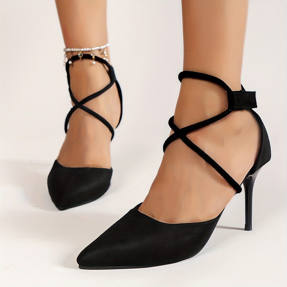 Black Stiletto Heels Women Pointed Toe Crisscross Straps - Temu Ireland