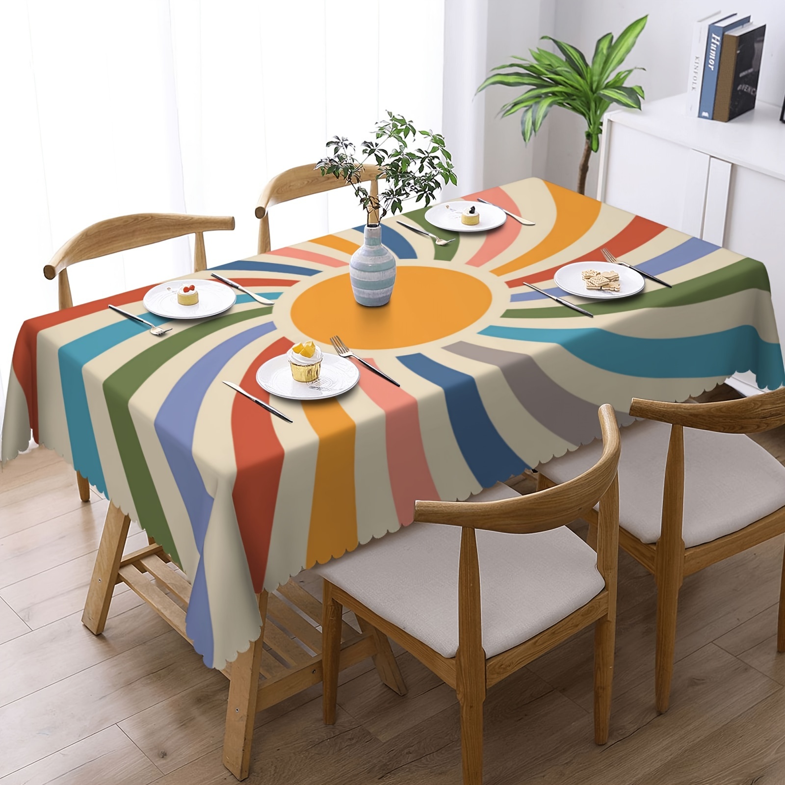 Boho Style Tablecloth Rustic Cream Sun Rainbow Stripes Table - Temu