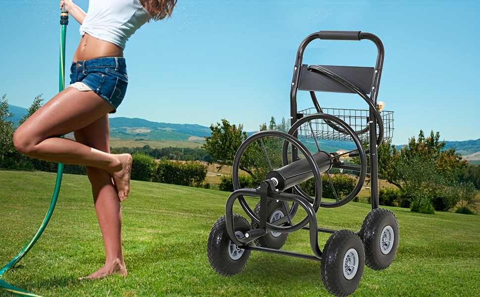 4 wheel garden hose reel cart storage basket portable - Temu