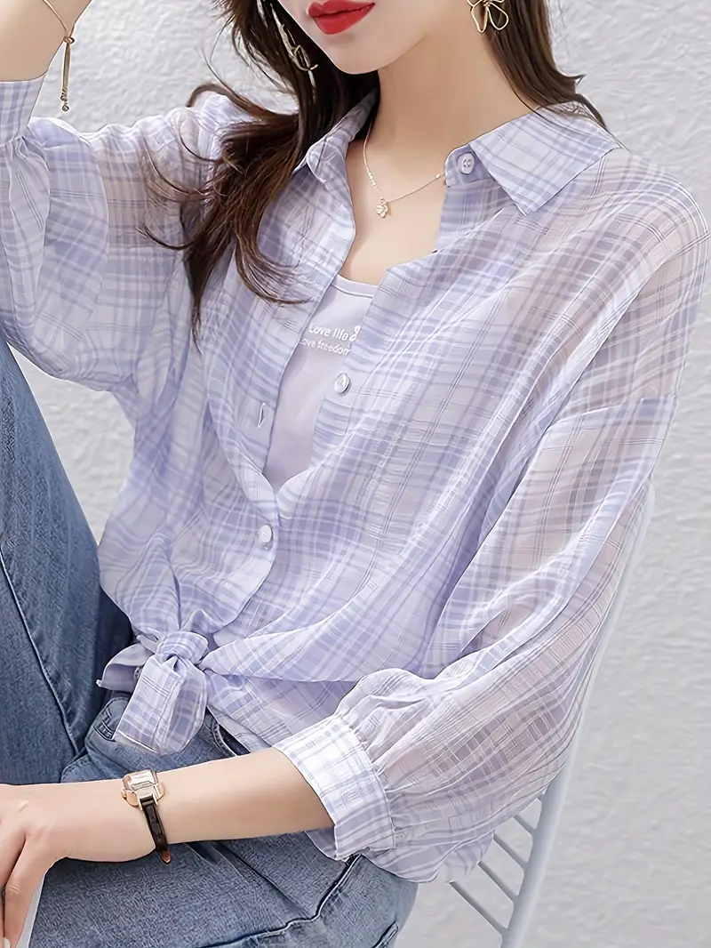 Plaid Print Button Front Blouse Casual Long Sleeve Blouse Temu Canada