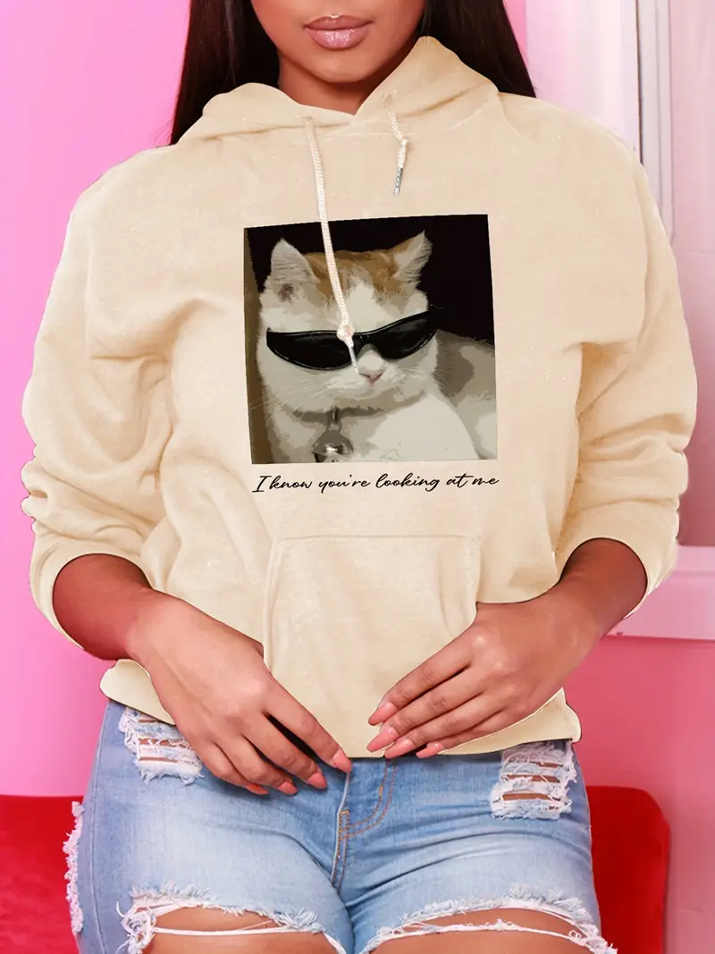 Cool Cat Print Hoodie Casual Drawstring Kangaroo Pocket Temu Canada