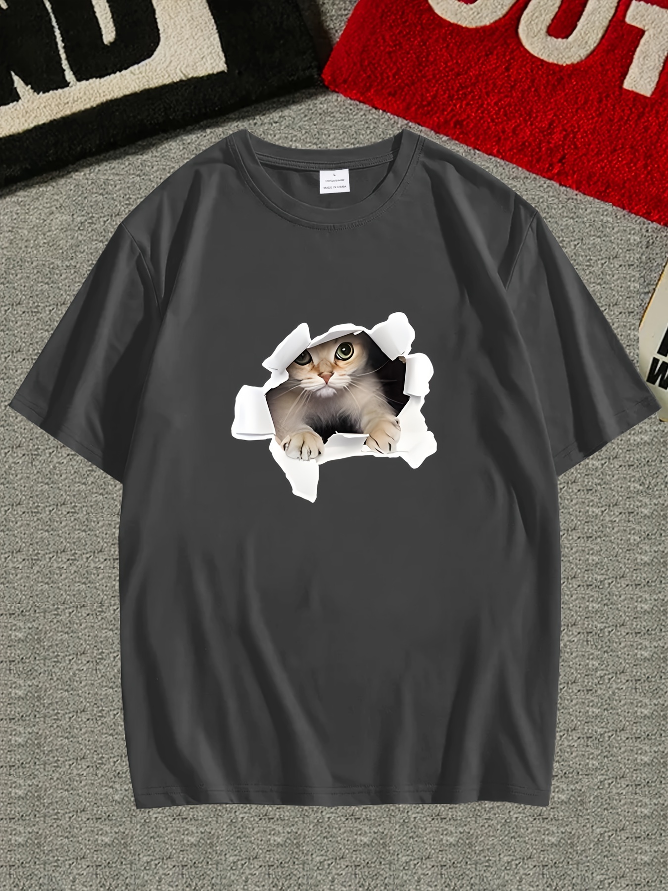 3d Cat Print Crew Neck T shirt Men Casual Short Sleeve Top - Temu New ...