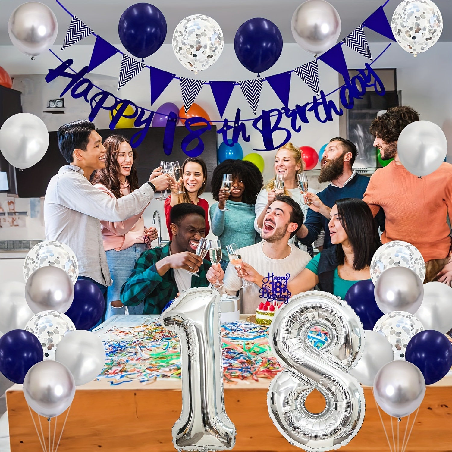 Boy's 18th Birthday Decorations: Blue Silver Happy 18th - Temu