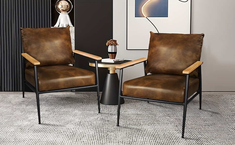 Brown Leather Accent Chairs Wide Armchair Industrial Black - Temu