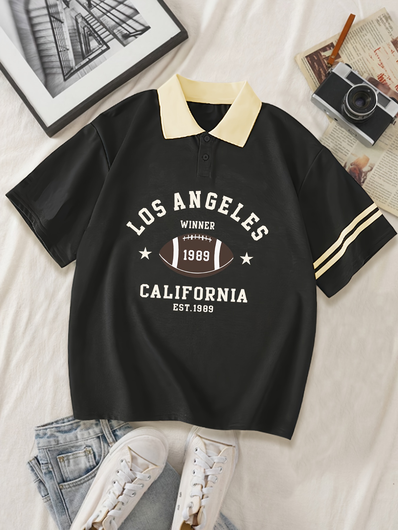Los Angeles Football Print Loose Polo Shirt Fashion Short - Temu Ireland