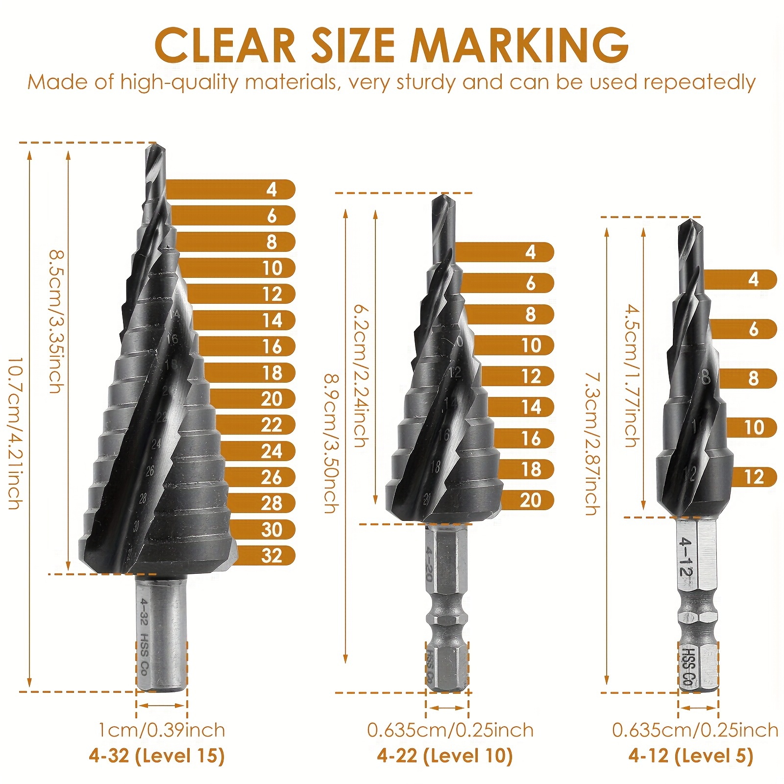 3pcs Step Drill Bit Set M35 Cobalt Hss 5/10/15 Step Drill Cone Bits Sturdy Hole Drilling Bit Set ...