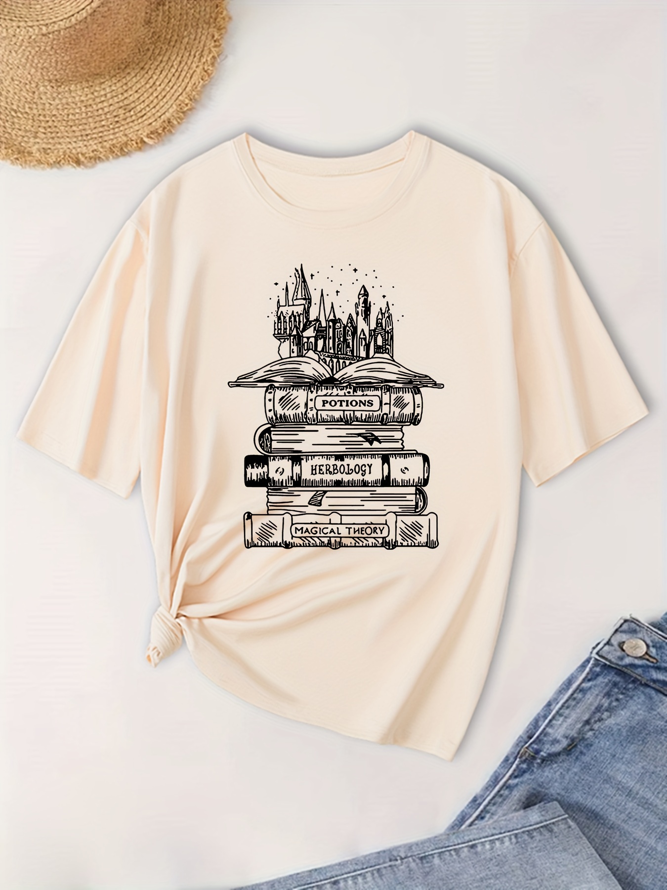 Book Castle Print T shirt Plus Size Casual Short Sleeve Top - Temu Canada