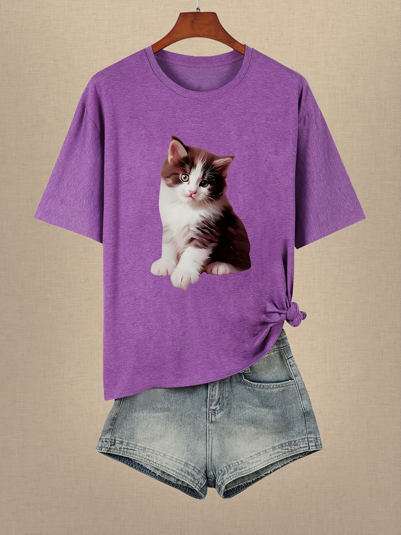 Plus Size Cat Print T shirt Short Sleeve Crew Neck Casual - Temu South ...