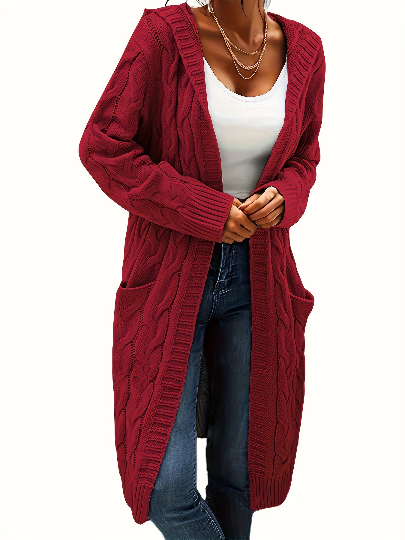 Women s Casual Knit Cardigan Long Sleeve Open Front with Pockets Polyester and Elastane Blend Ideal for Fall Winter Casual Wear Relaxed Fit