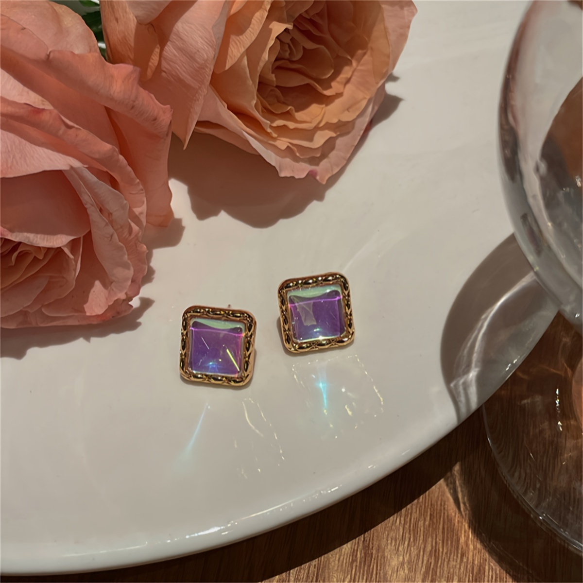 Square/love Heart Stud Earrings Set Colorful Laser Copper - Temu United ...