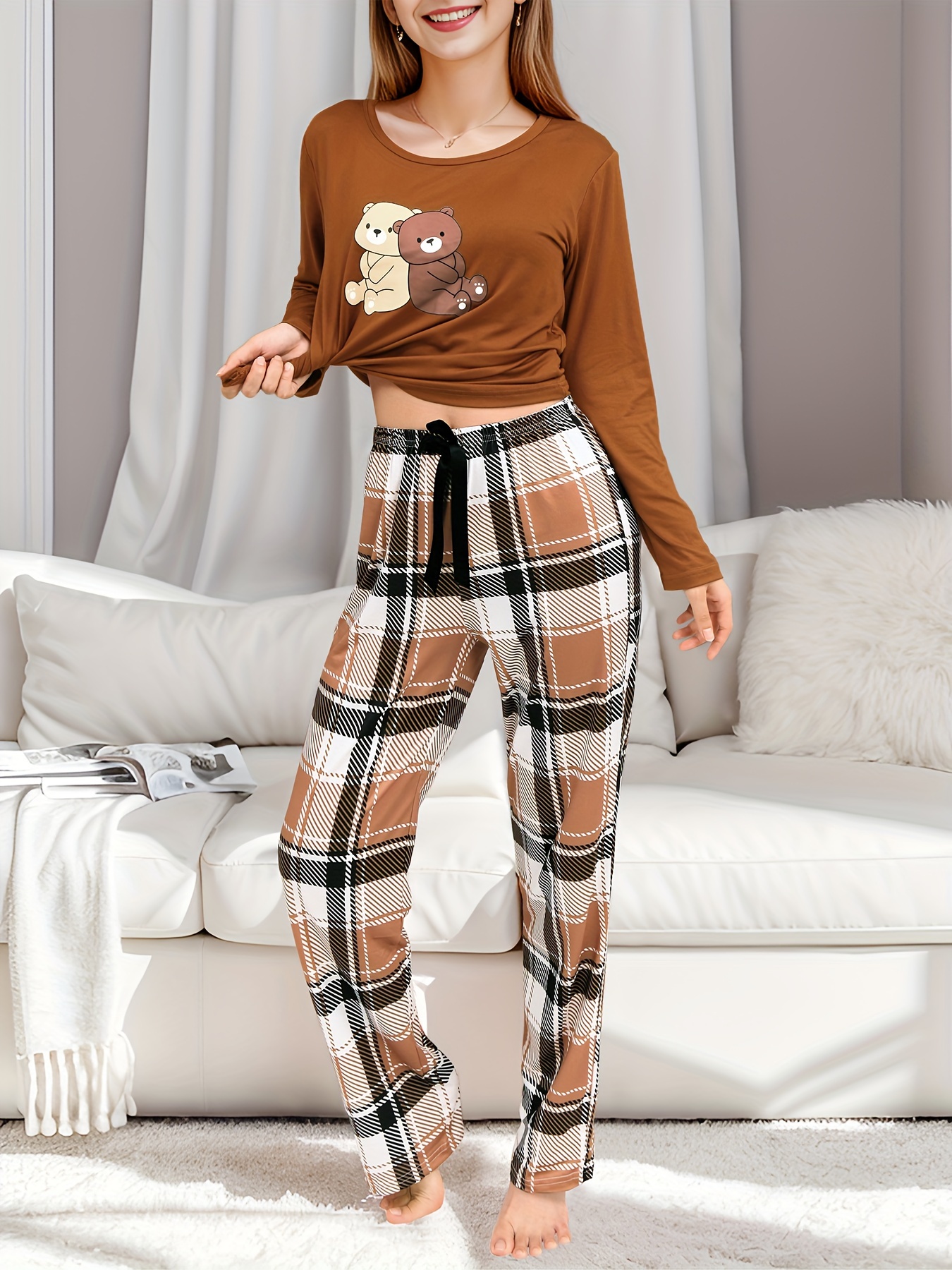 Casual Cartoon Bear Print Lounge Set Long Sleeve Crew - Temu Philippines