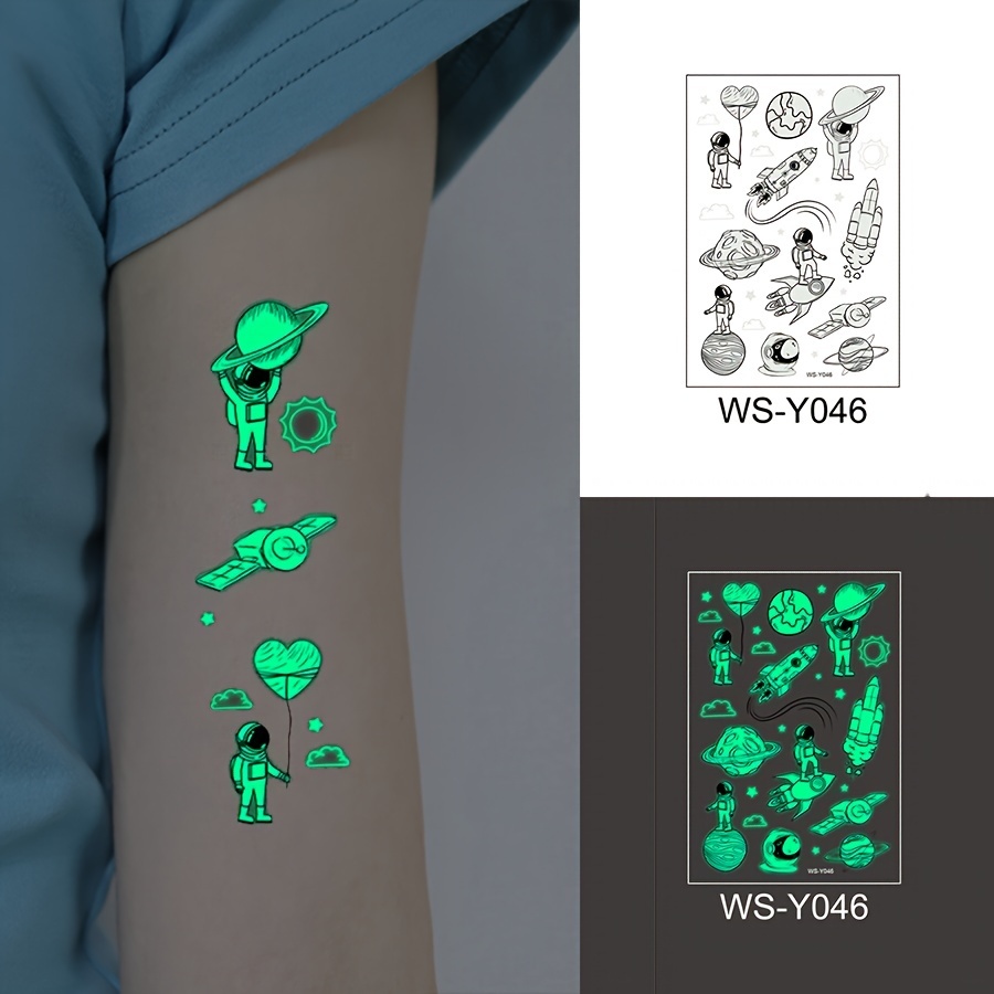 5개세트 어둠 속에서 빛나는 임시 문신 우주 And 은하계 테마 화성 지구 별 달 외계인 우주 비행사 로켓 Ufo