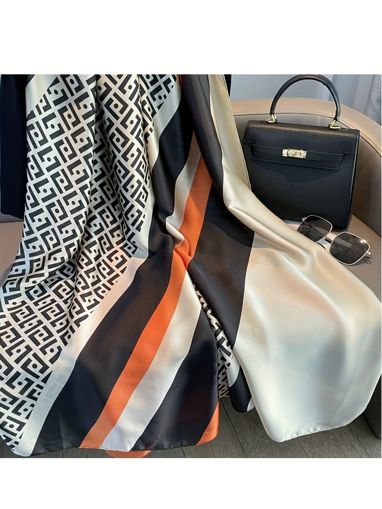 Khaki Letter Printed Scarf Elegant Thin Smooth Satin Shawl - Temu United