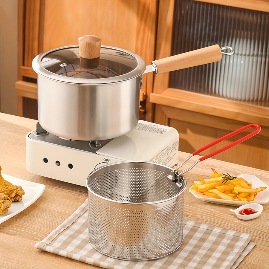 304 stainless steel deep fryer set strainer basket lid tongs - Temu