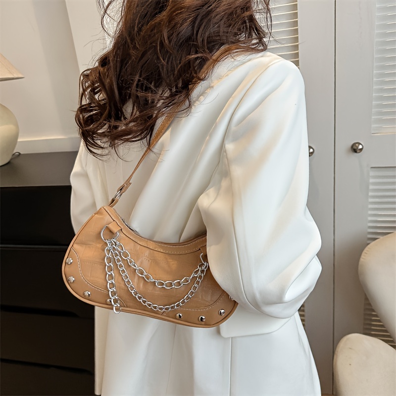 Crocodile Pattern Crescent Bag Trendy Rivet Decor Crossbody - Temu ...