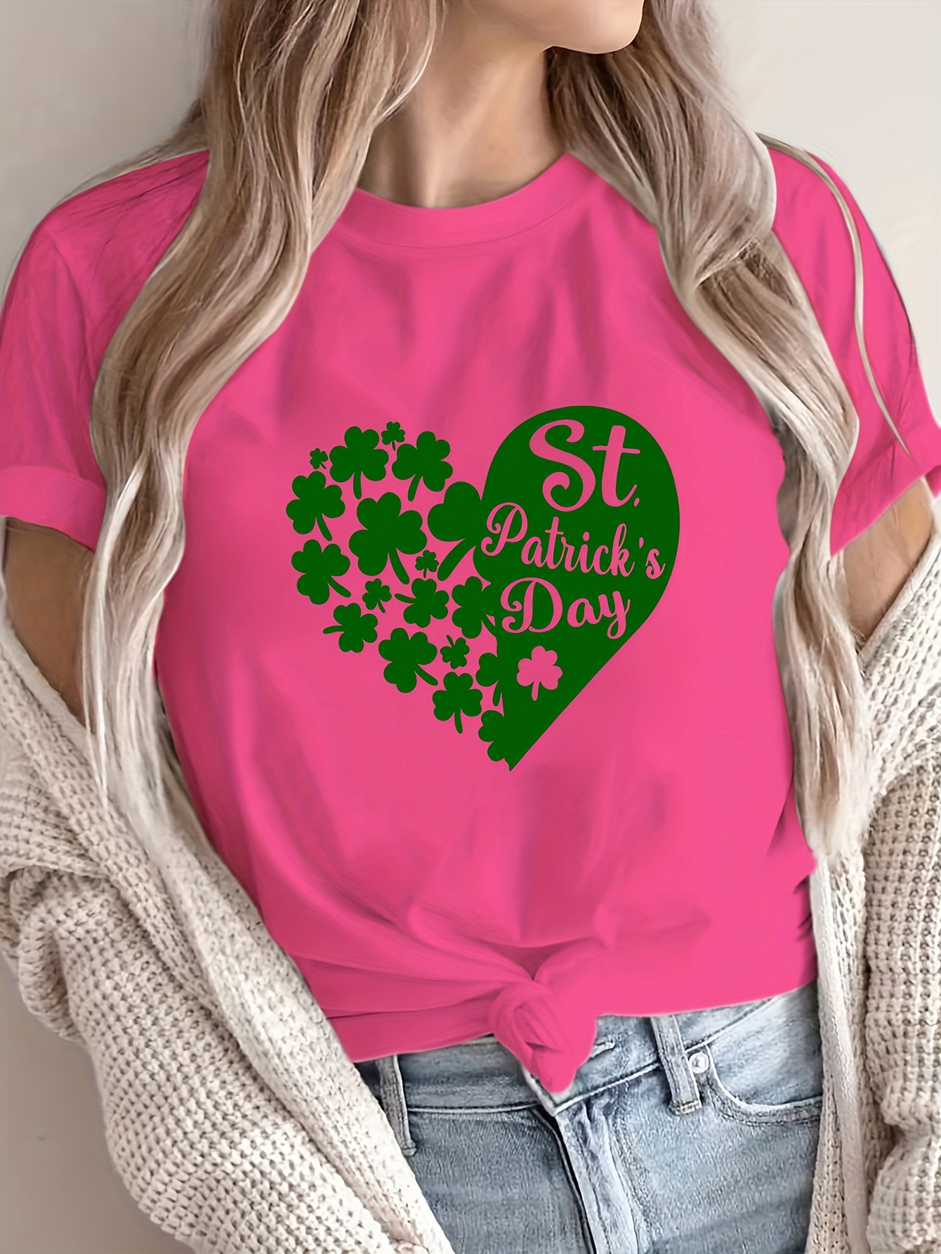 Clover Heart Letter Print T shirt Plus Size Casual Short - Temu Australia