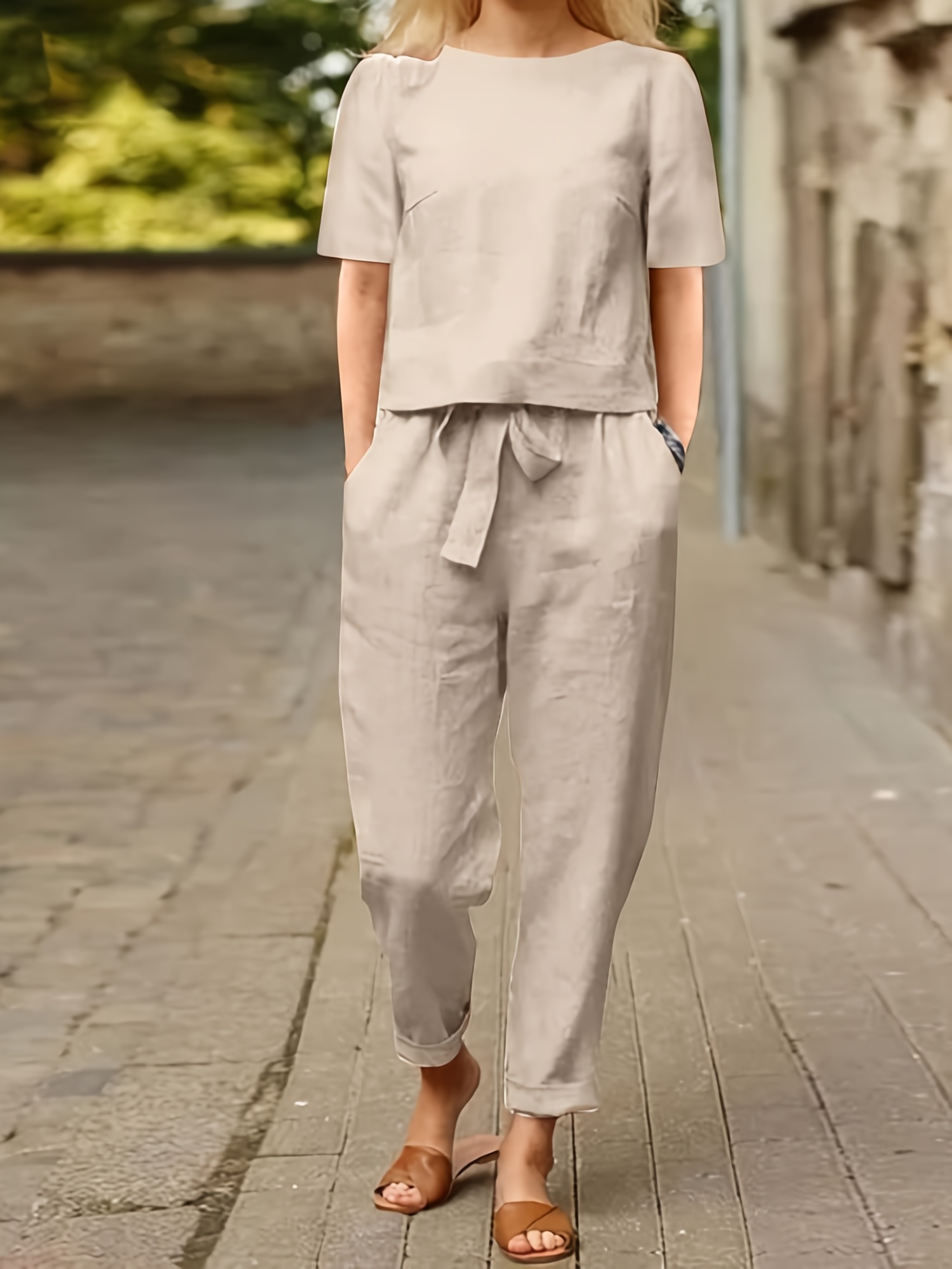 2 Piece Linen Set Women Outfit Women's 2-Piece Linen Pants Set - Cotton ...