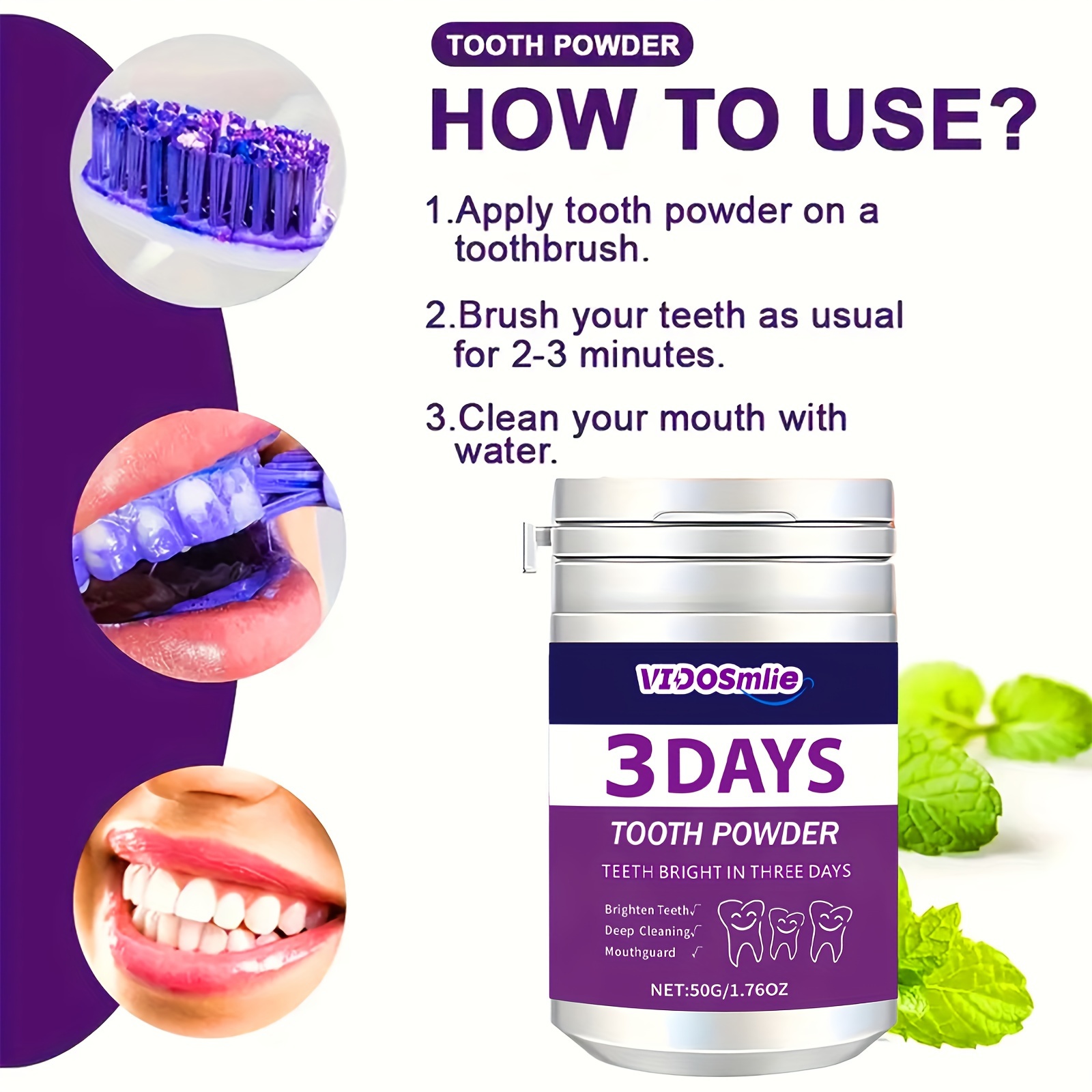 3 Days Brightening Teeth Powder - 50g Deep Cleaning Tooth Powder For ...