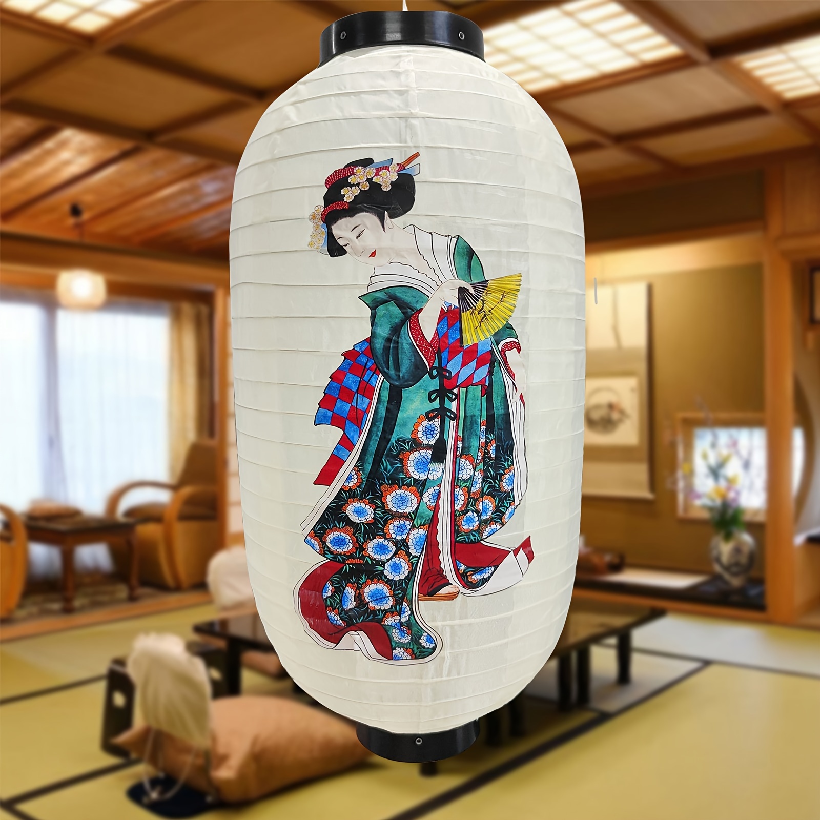 1pc Elegant Traditional Japanese Lantern Decorative Silk Like Hanging Light with Vibrant Female Character Design Home Restaurant