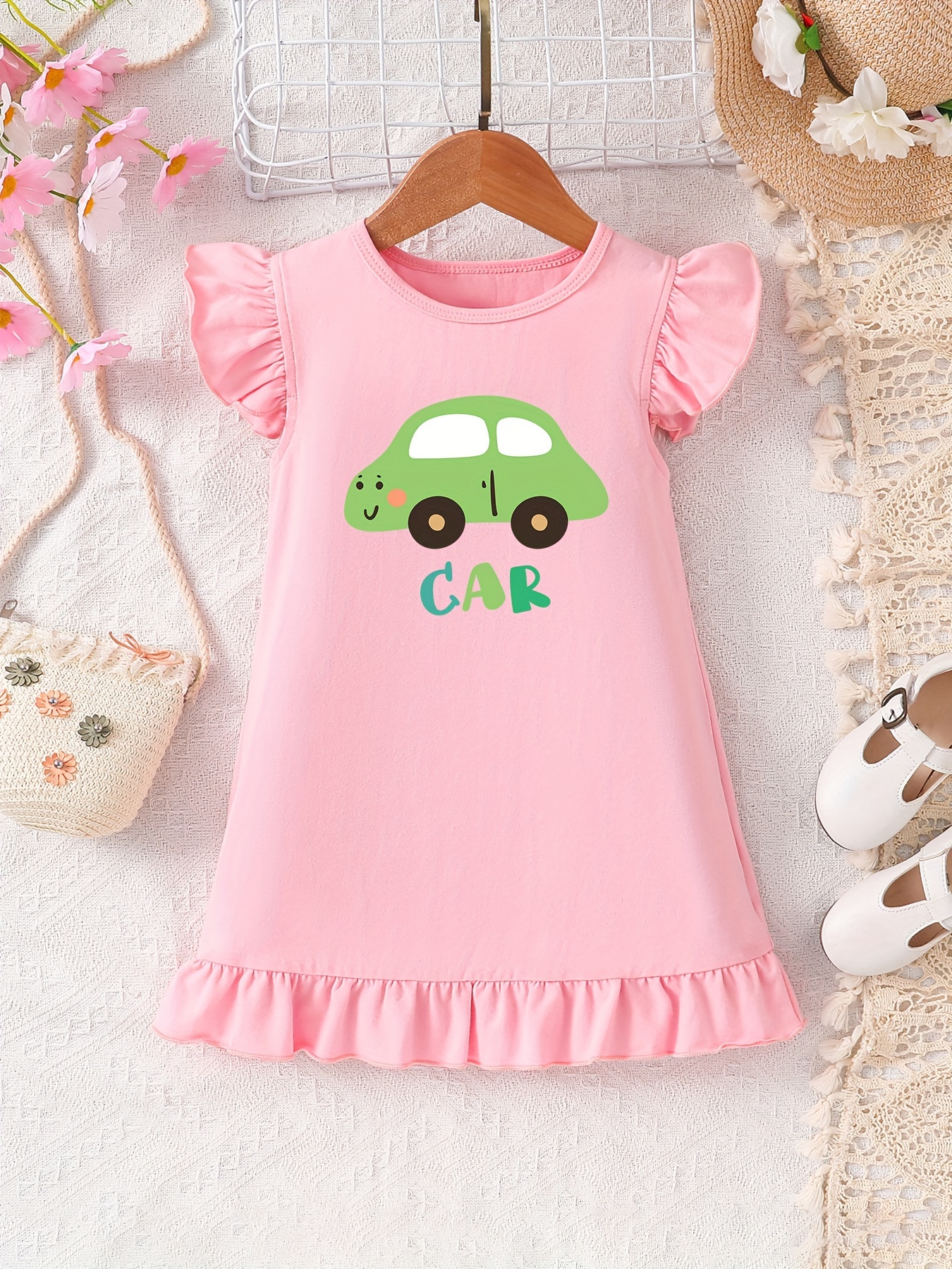 Green Anime Car Graphic Print Baby Girls' Comfy Crew Neck - Temu Australia