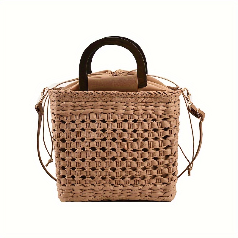 Trendy Paper Straw Handbag Boho Style Drawstring Beach Bag - Temu ...