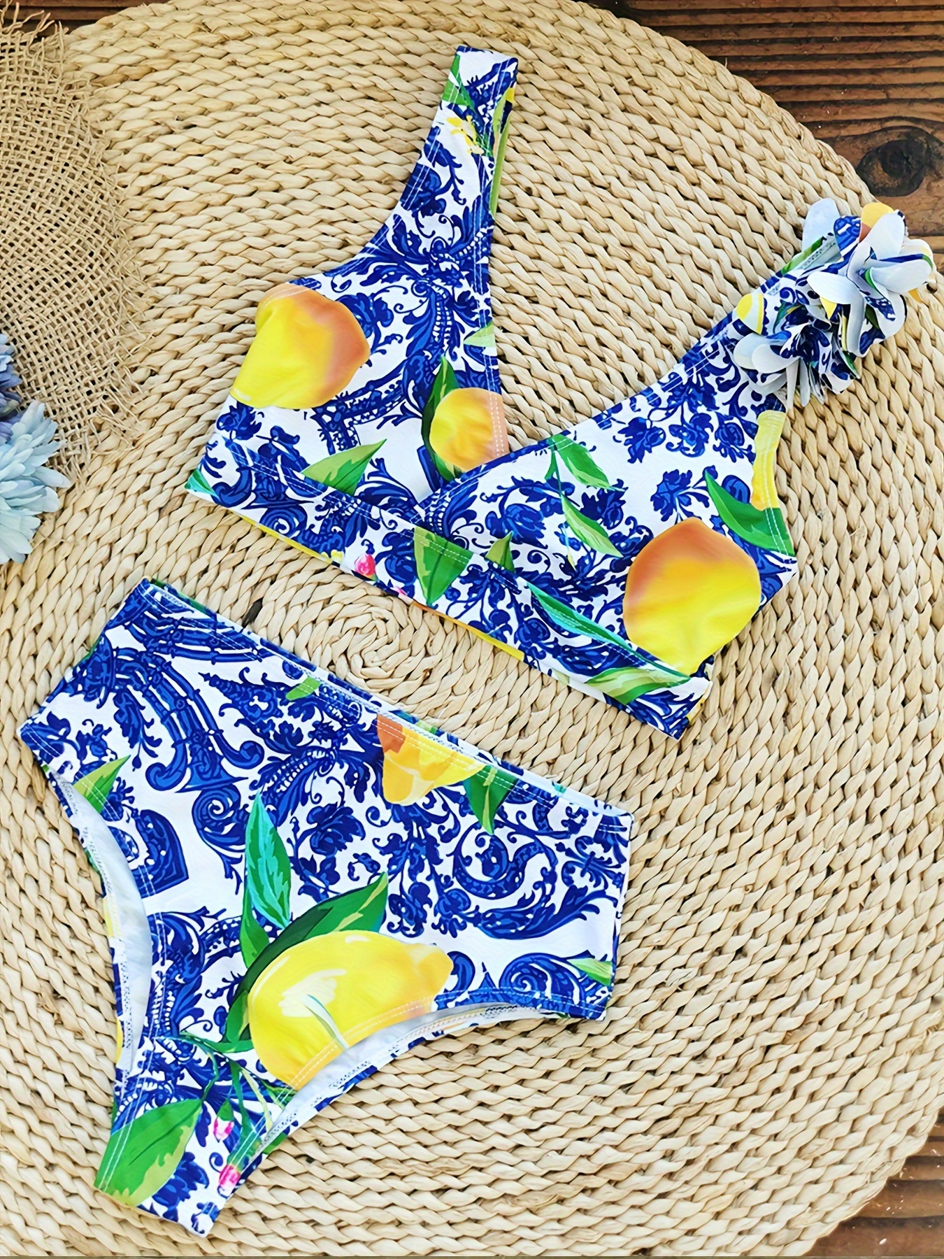 Lemon Print Bikini Asymmetrical V Neck High Waist Swimsuits - Temu United