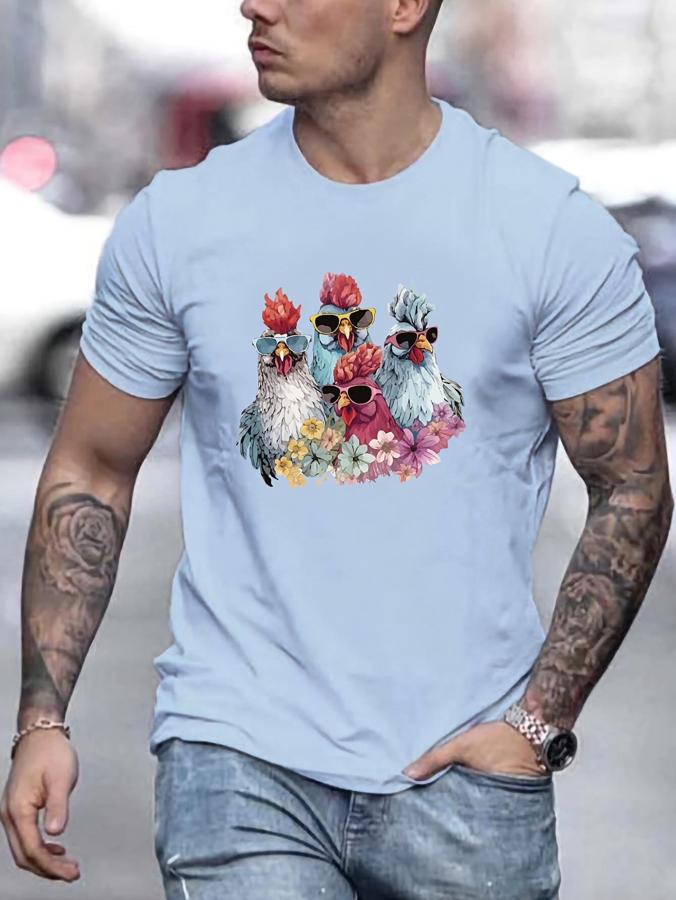 Floral Chicken Graphic Print Men's Short Sleeve Crew Neck T - Temu New ...