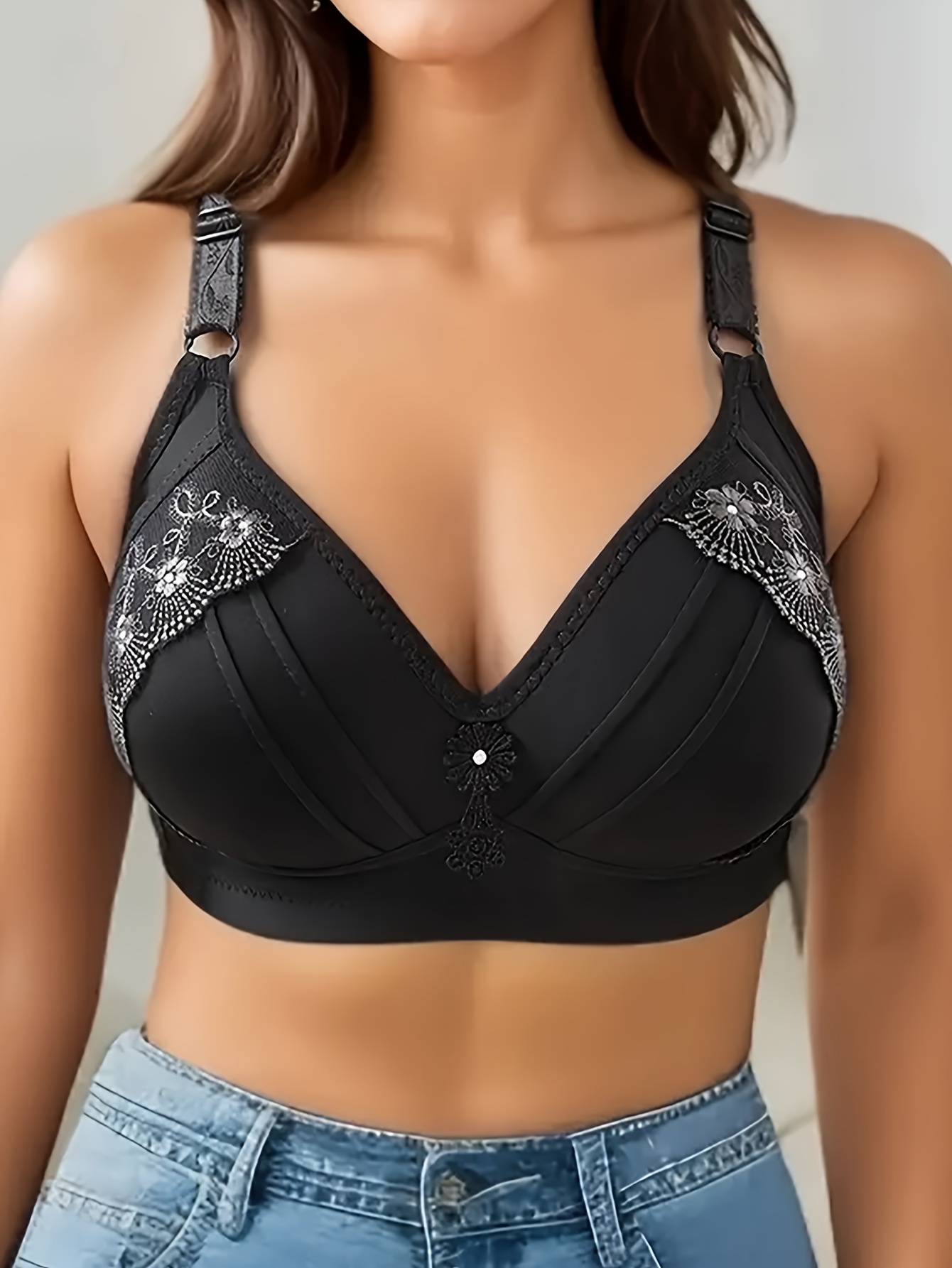 Simple Contrast Lace Floral Patch Bra Comfy Breathable - Temu
