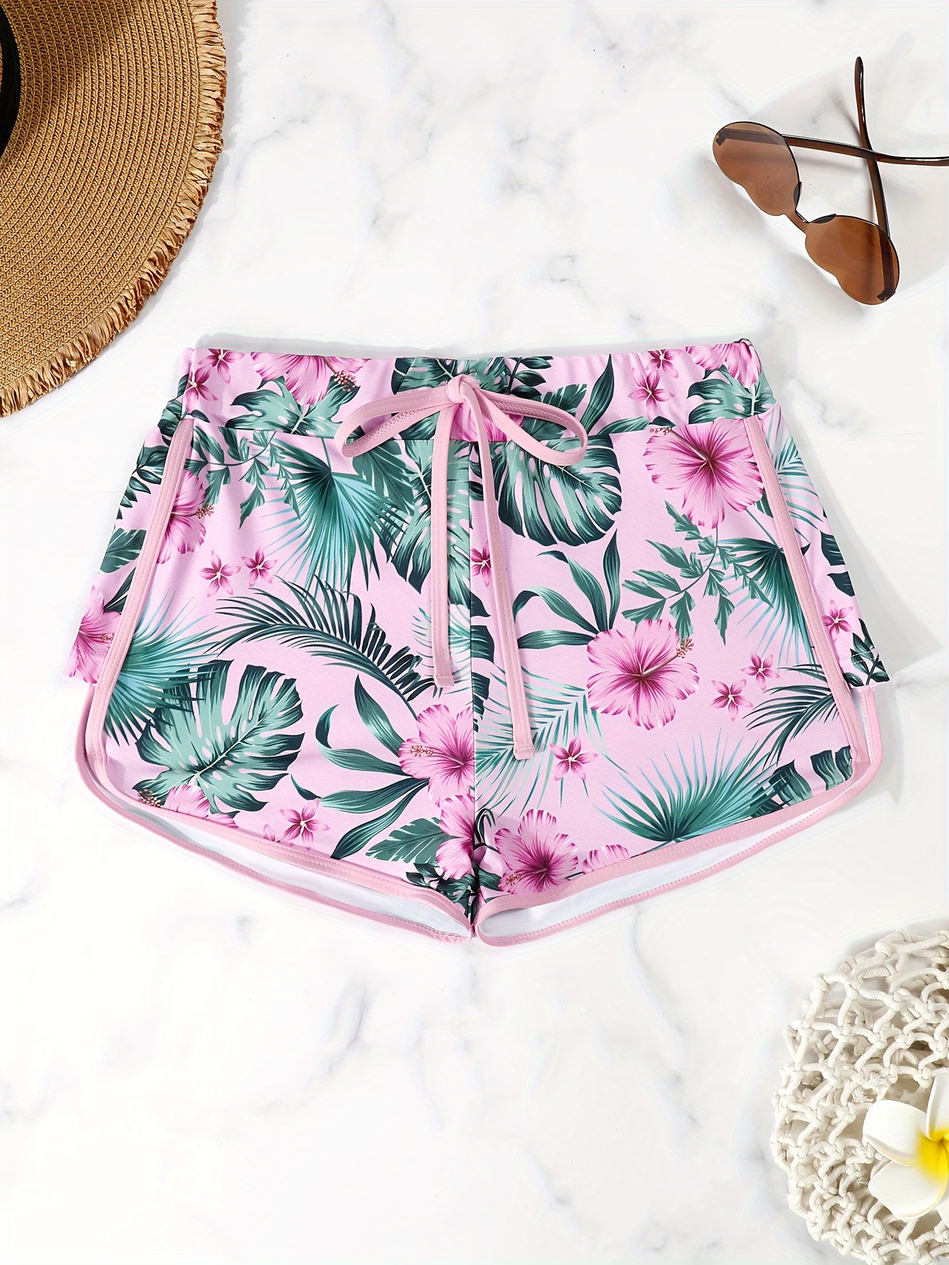 Tropical Print Drawstring Beach Swim Shorts High Stretch - Temu