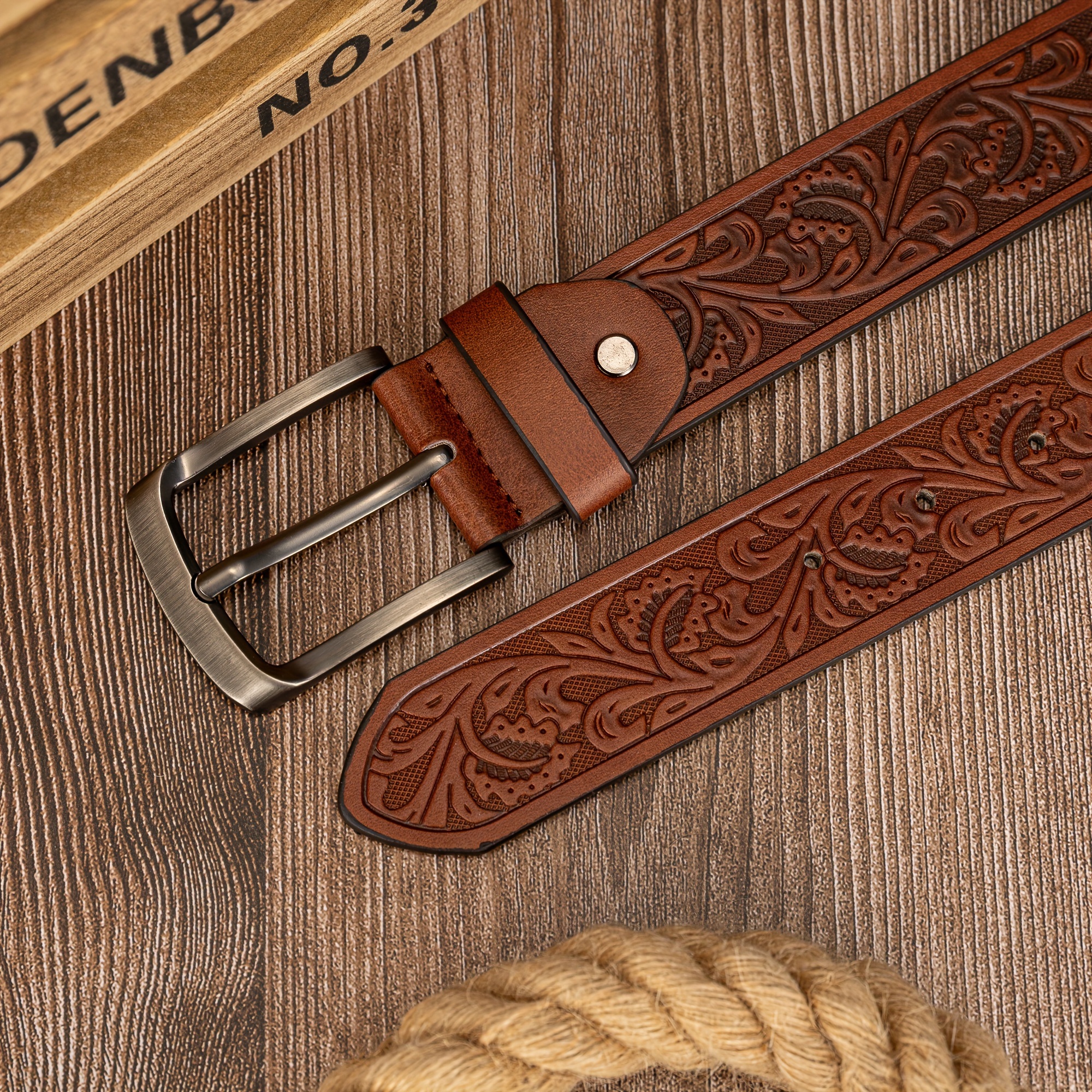 preppy style mens embossed pu leather belts with vintage leaf pattern ...