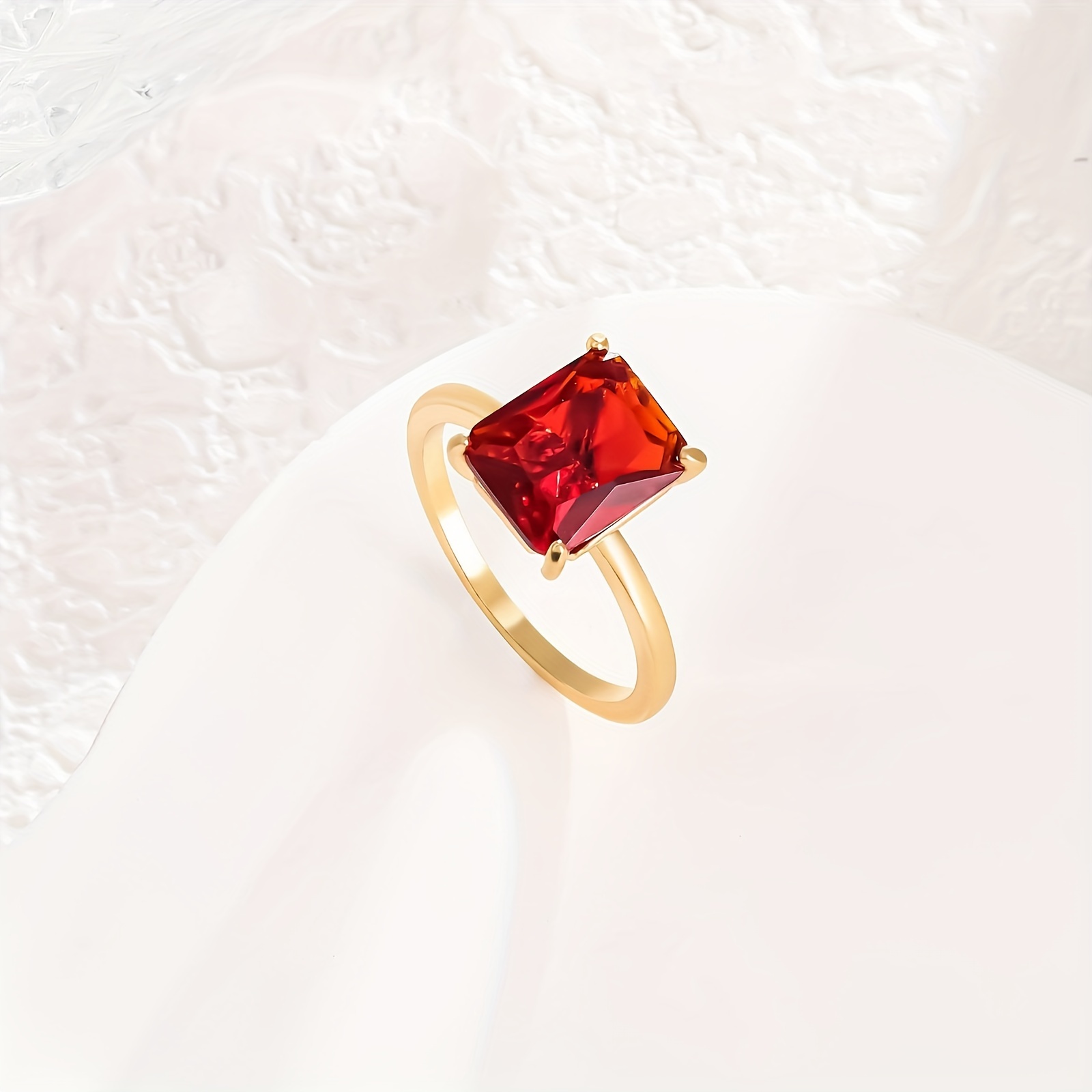Trendy Rectangular Red Zircon Golden Plated Party Ring Girls - Temu ...