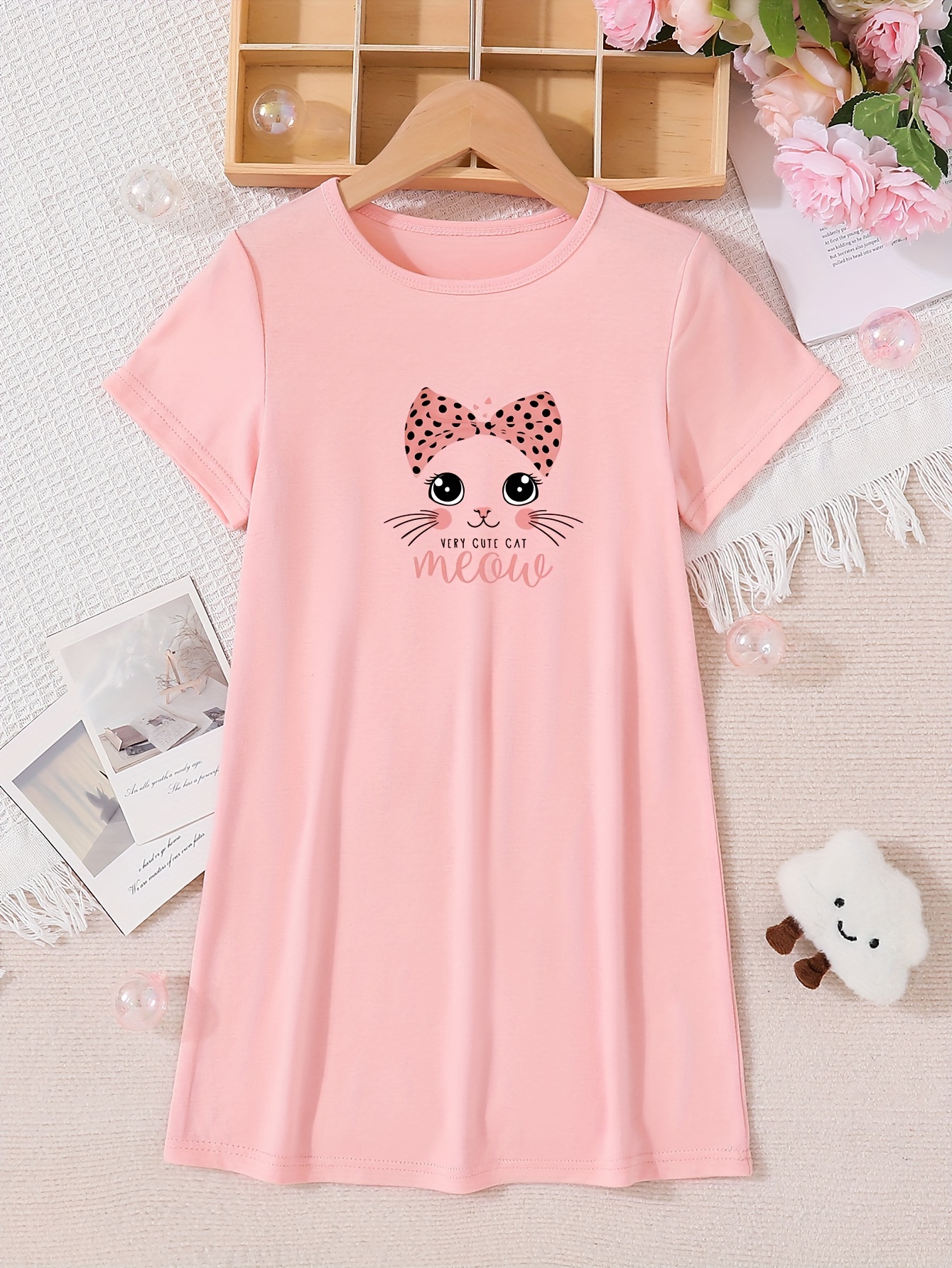 Cute Cat Meow Anime Cat Graphic Print Dress Girls' Casual - Temu Australia
