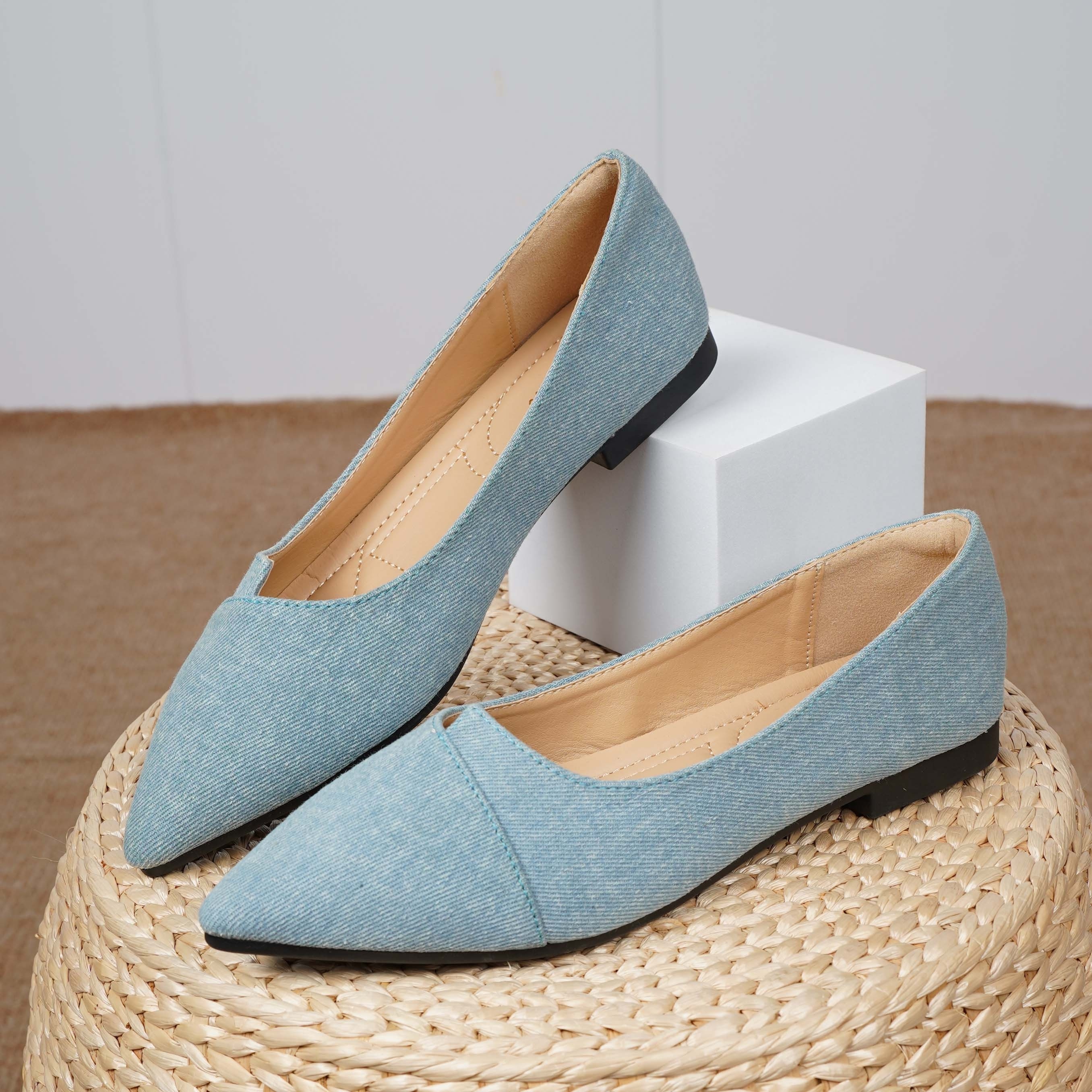 Solid Color Flat Shoes Women's Casual Point Toe Denim Slip - Temu Canada